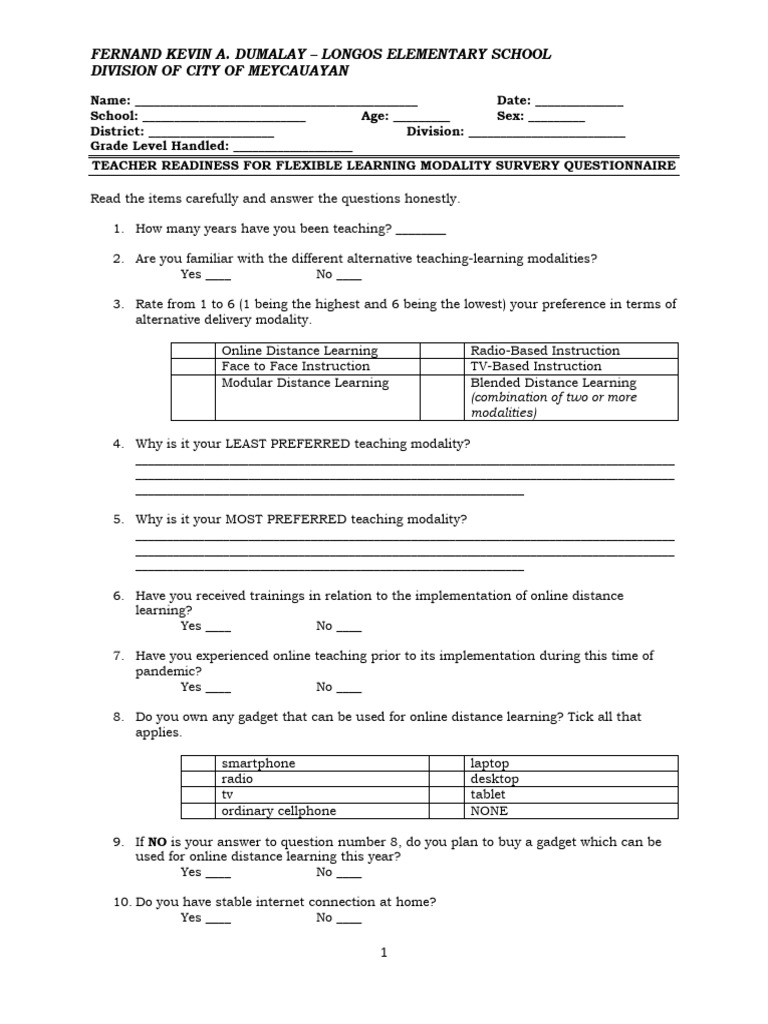 Teacher Readiness Survey (Fernand Kevin Dumalay - Longos Elementary ...
