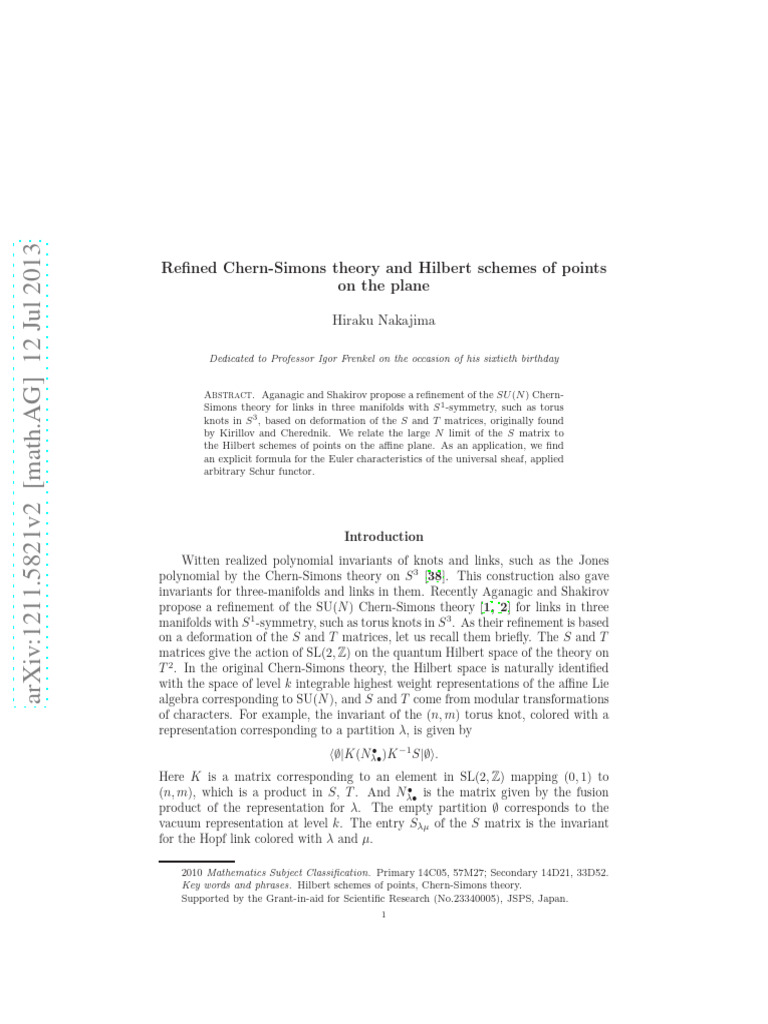 Refined Chern-Simons Theory and Hilbert Schemes of Points On The Plane ...