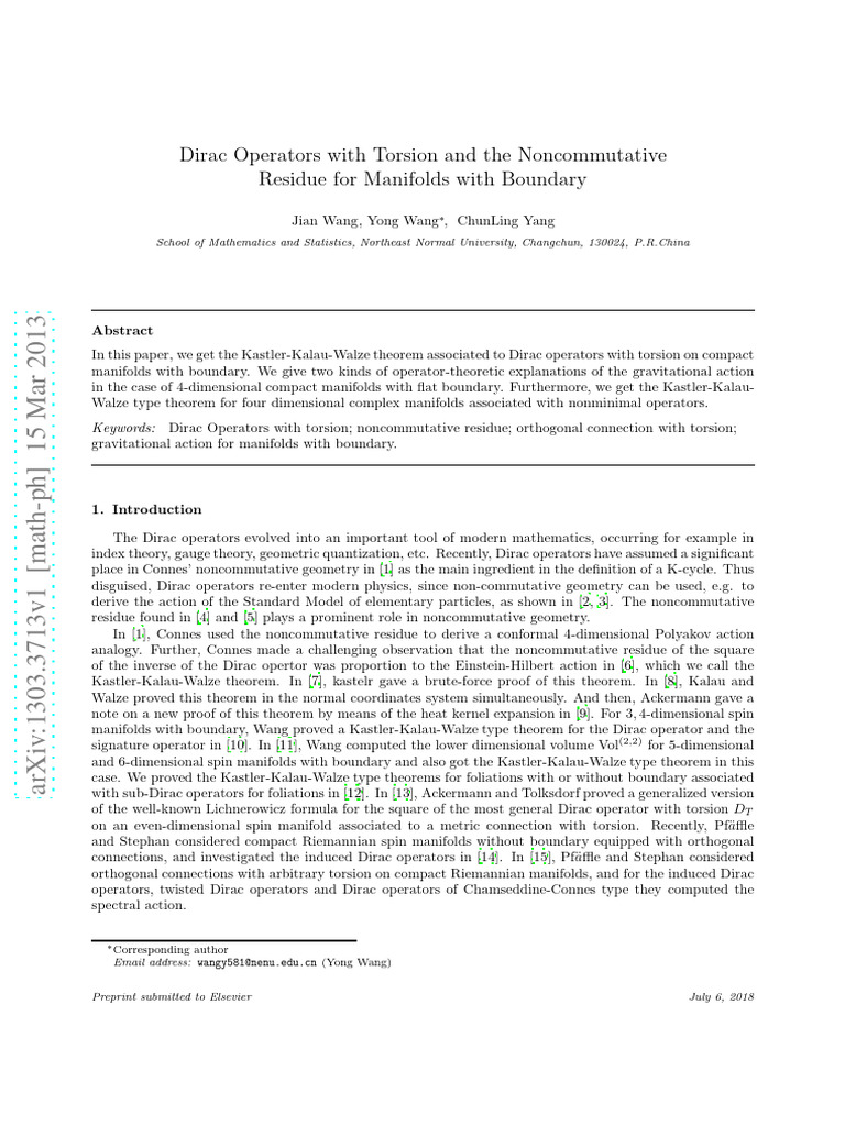 Dirac Operators With Torsion and The Noncommutative Residue For Manifolds With Boundary | PDF ...