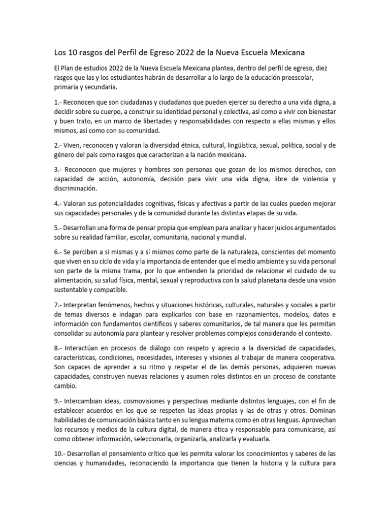 Los 10 Rasgos Del Perfil de Egreso 2022 de La Nueva Escuela Mexicana, EJES ARTICULADORES y ...