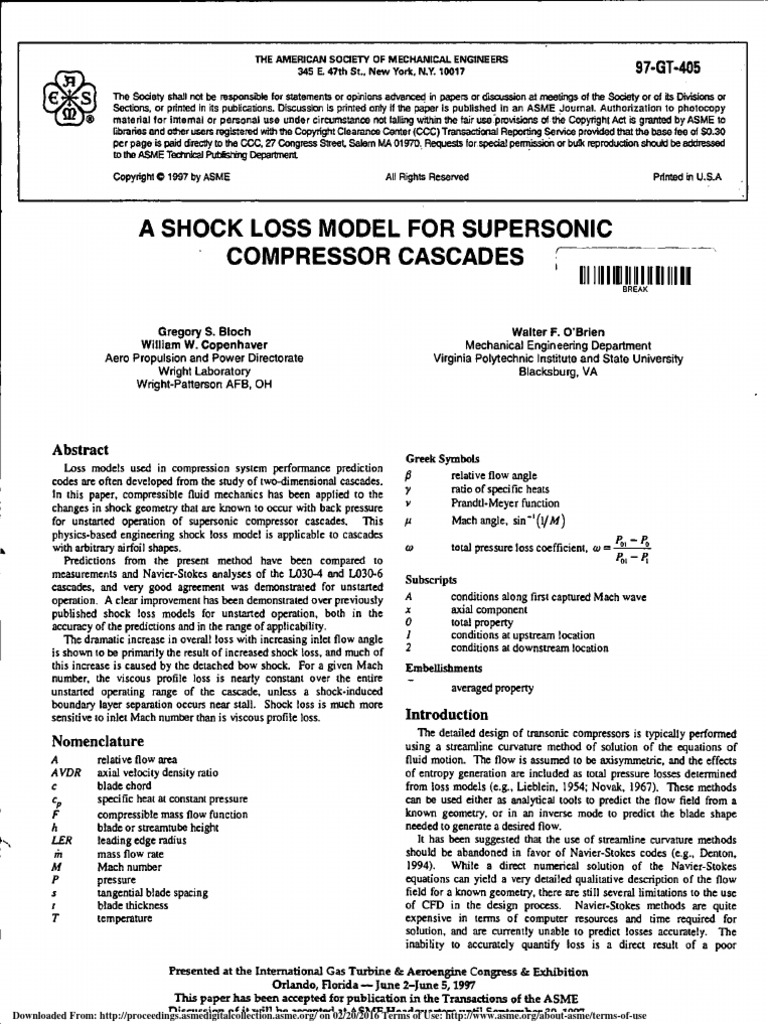 A Shock Loss Model For Supersonic Compressor Cascades | PDF | Shock ...