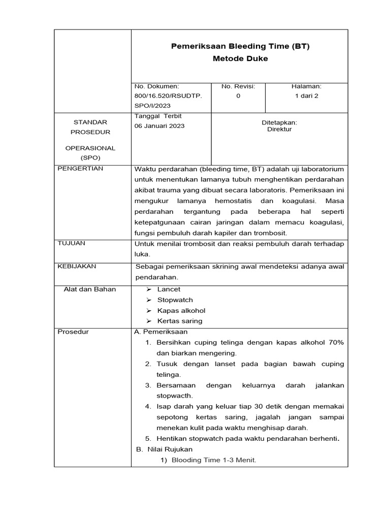 Nilai Normal Bleeding Time Metode Duke | PDF