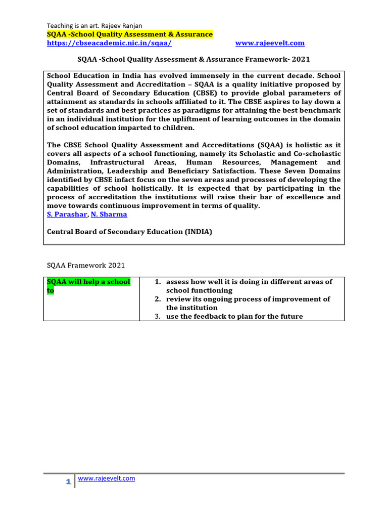 SQAA Framework for School Quality Assessment | PDF | Quality Assurance ...