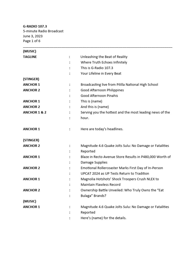 Journalism 5 Minute Broadcast Script | Download Free PDF | Earthquakes ...