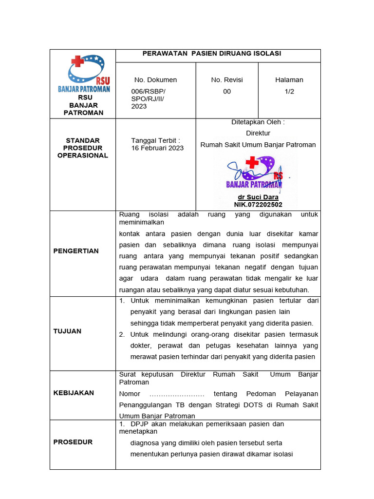 Prosedur Isolasi Pasien RSU Banjar | PDF | Sains & Matematika