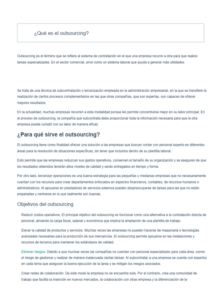 Qué Es El Outsourcing, para Qué Sirve y Ejemplos | Descargar gratis PDF | Outsourcing | Business