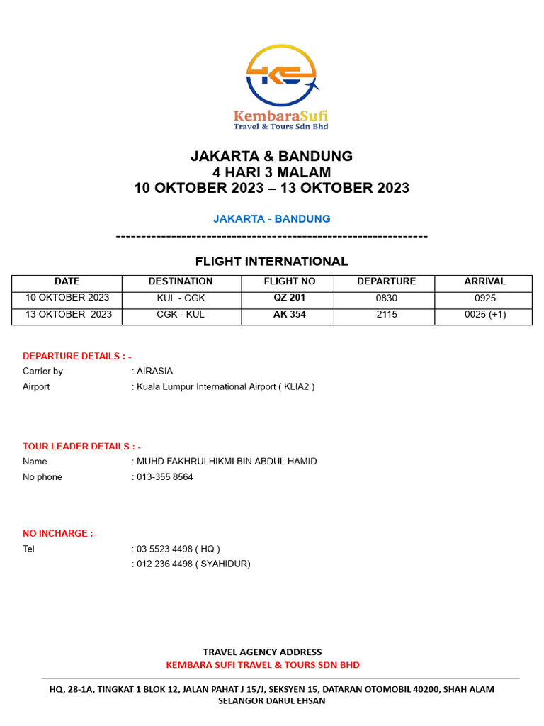 Itinerari Perjalanan Jakban 10 - 13 Okt 2023 | PDF