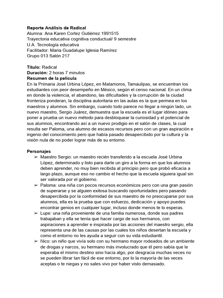 Analisis Pelicula Radical | PDF | Enseñando | Aprendizaje