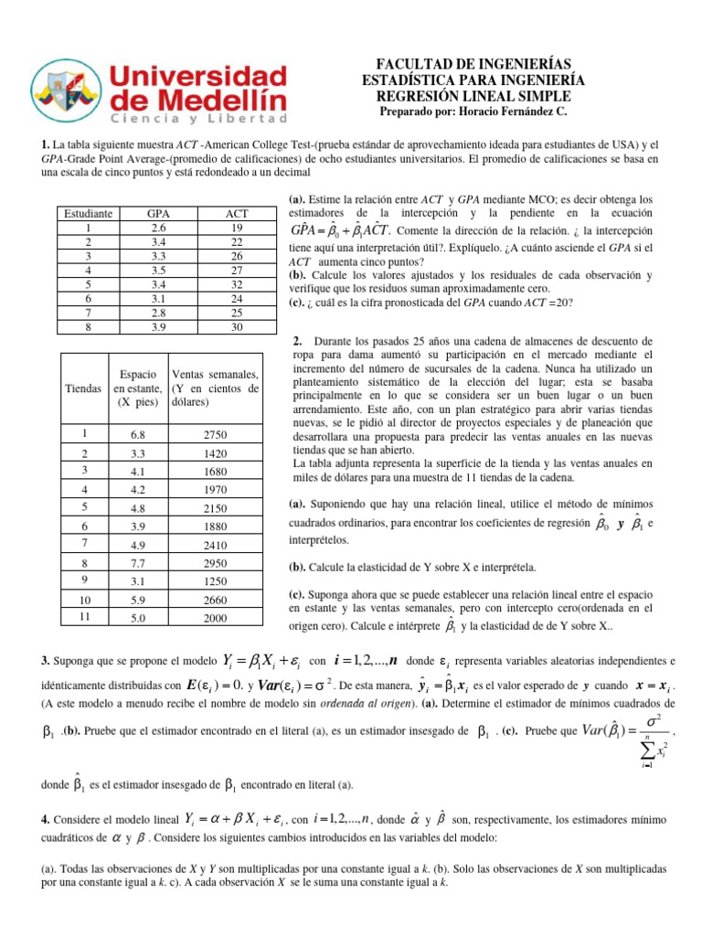 Taller Regresión Lineal Simple | PDF | Mínimos cuadrados ordinarios | Inferencia