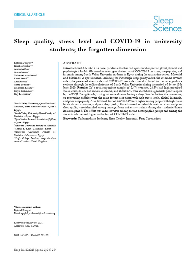 Sleep Quality Stress Level and COVID 19 | PDF | Insomnia | Sleep