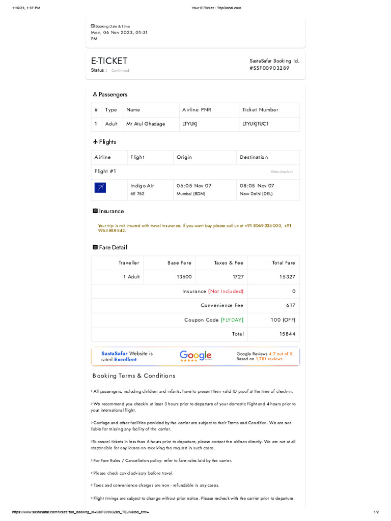 Flight 6E 762: Mumbai to Delhi E-Ticket | PDF | Aviation | Transport