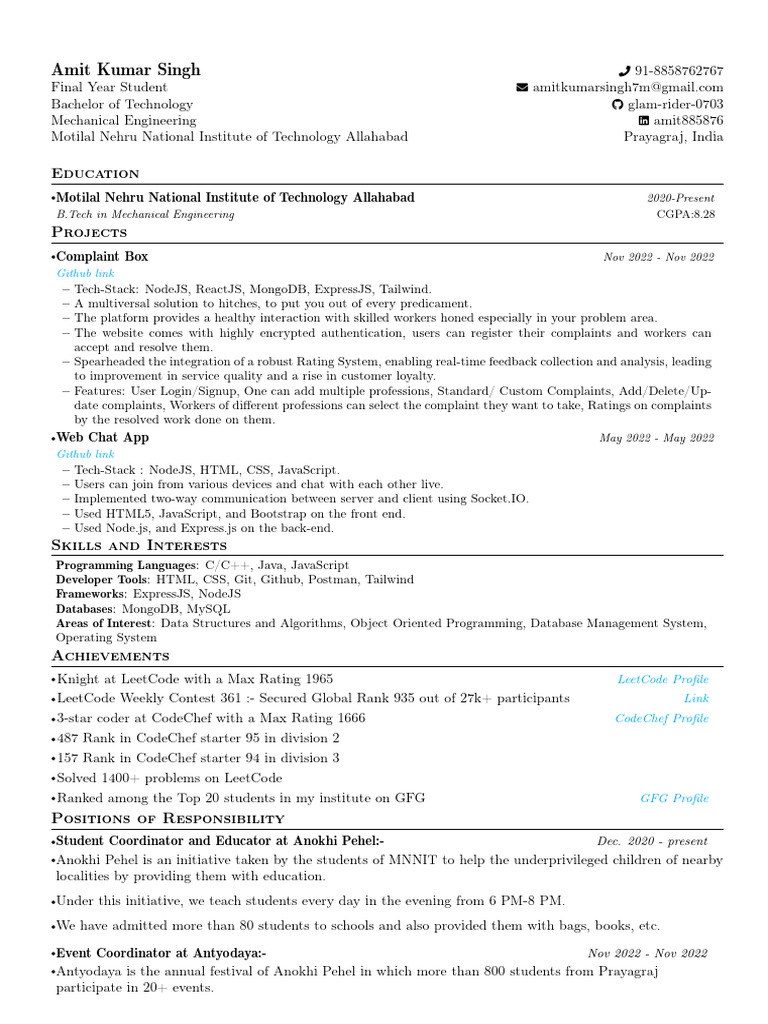 Amit Kumar Singh Resume | PDF | Java Script | Computer Science