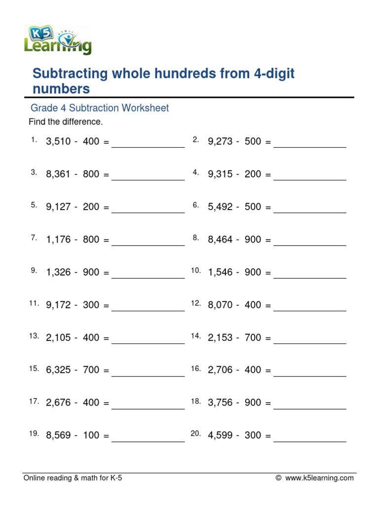Grade 4 Subtract Whole Hundreds From 4 Digit Numbers D | PDF | Career ...