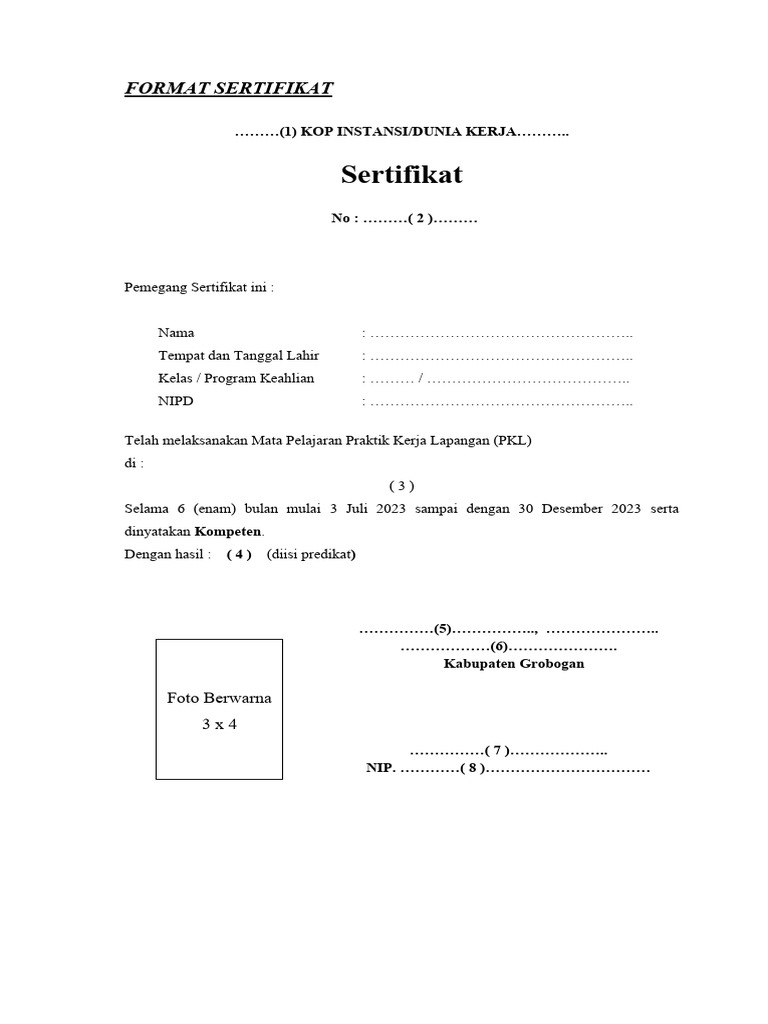 Format Sertifikat PKL 2023 | PDF