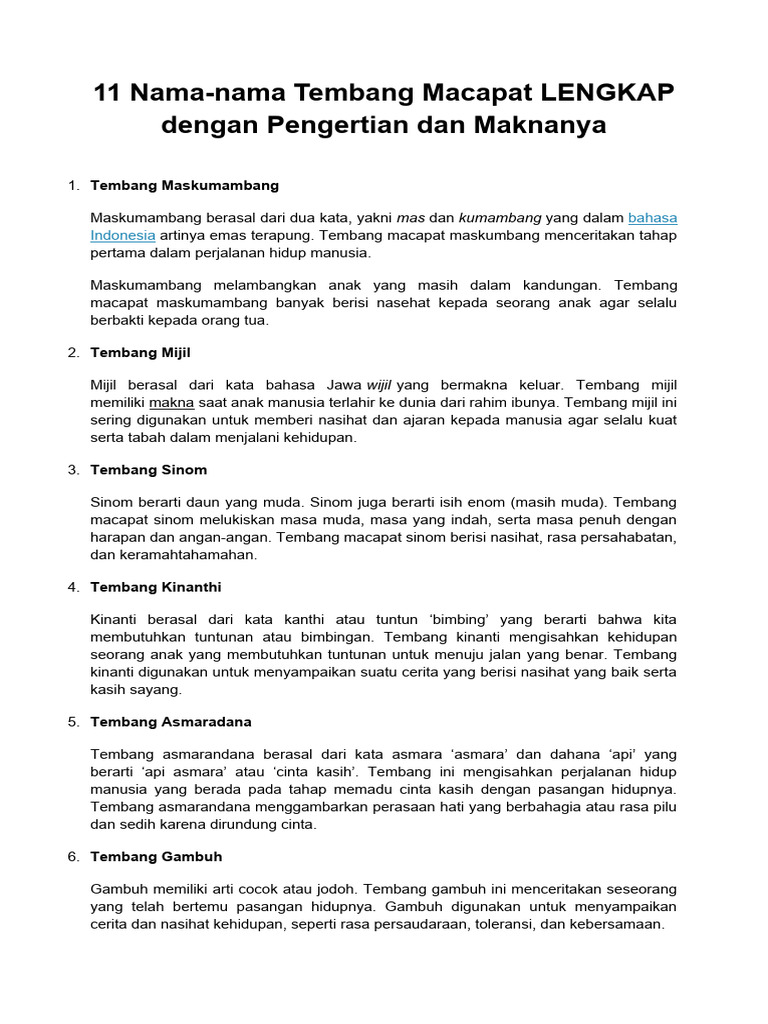 11 Tembang Macapat: Nama dan Makna | PDF | Agama & Spiritualitas