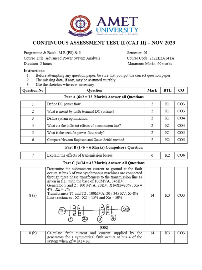 232ee2a14ta Advanced Power System Analysis Pdf Electric Power