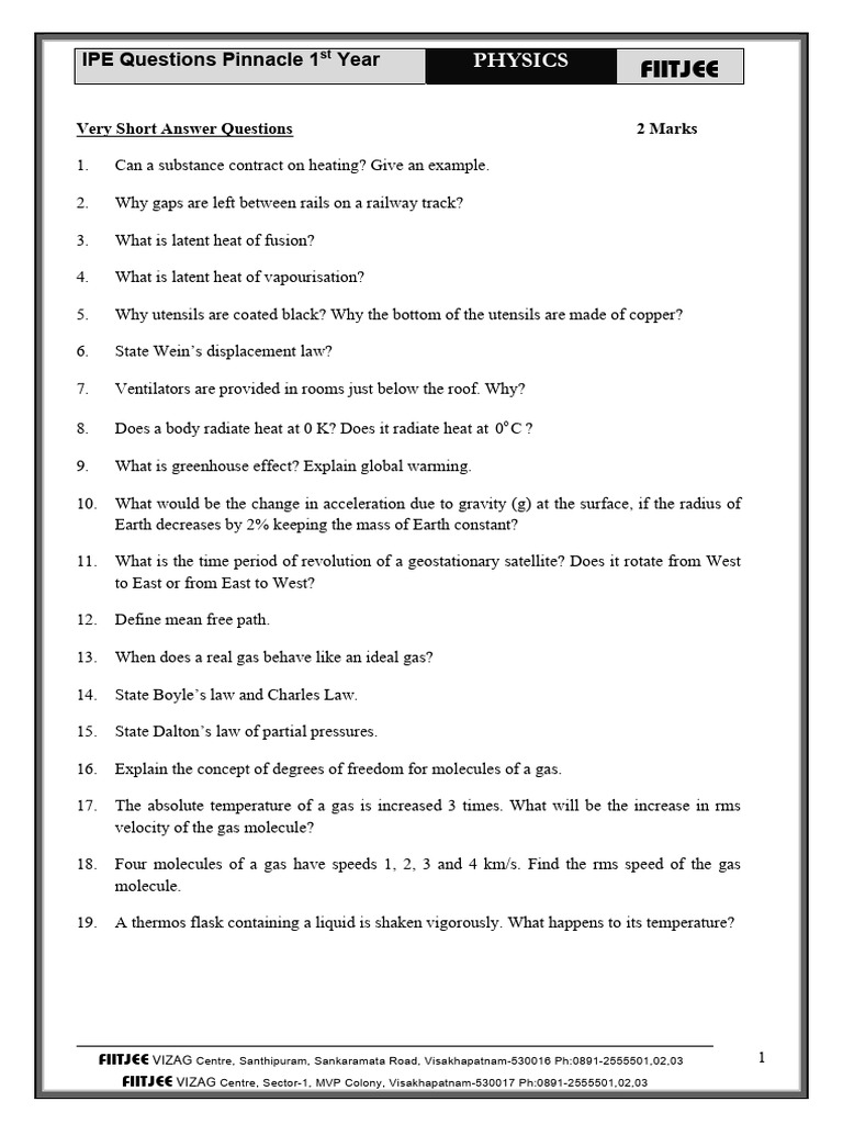Physics IPE Questions for FIITJEE 1st Year | PDF | Gases | Gravity