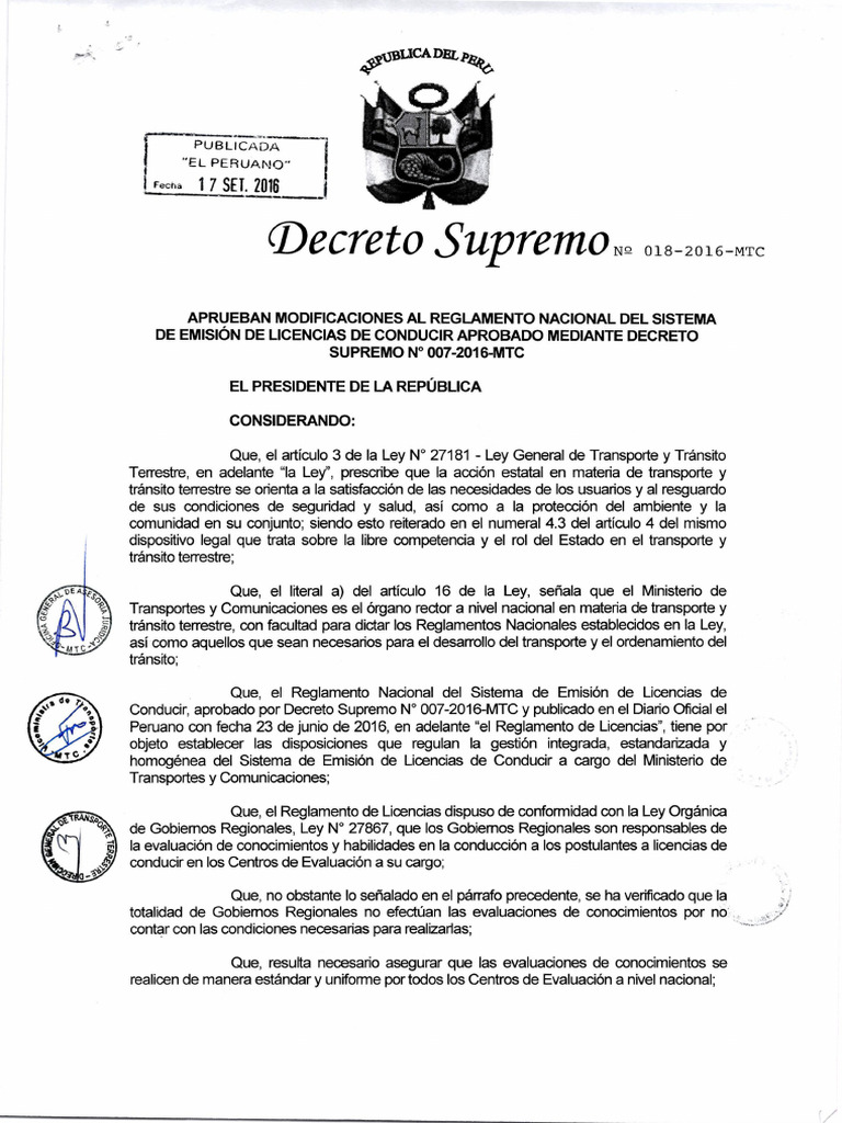 D. S. #018-2016-MTC | PDF | Licencia de conducir | Gobierno