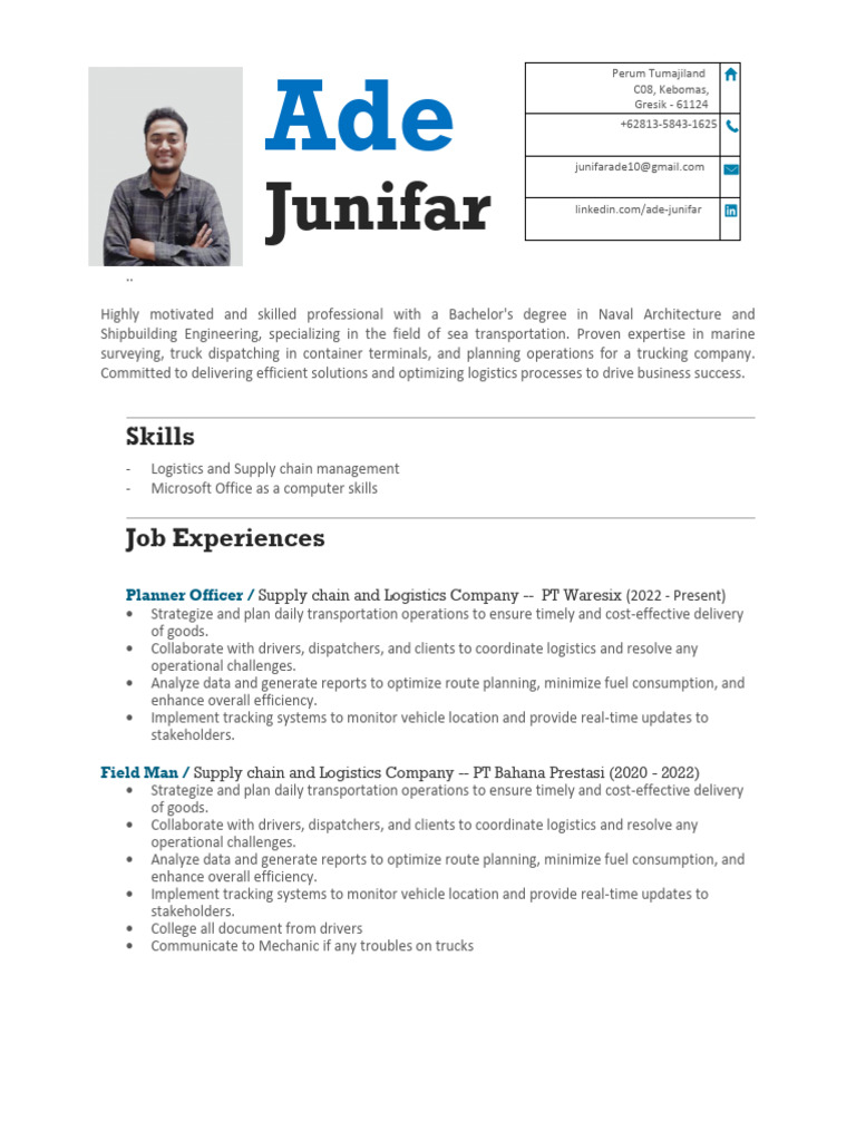 CV - Ade Junifar - Nov 2023 | PDF | Logistics | Transport