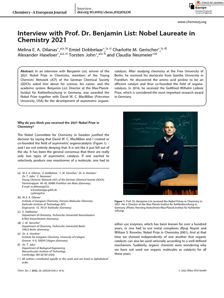 Chemistry A European J - 2022 - Dilanas - Interview With Prof DR Benjamin List Nobel Laureate in ...