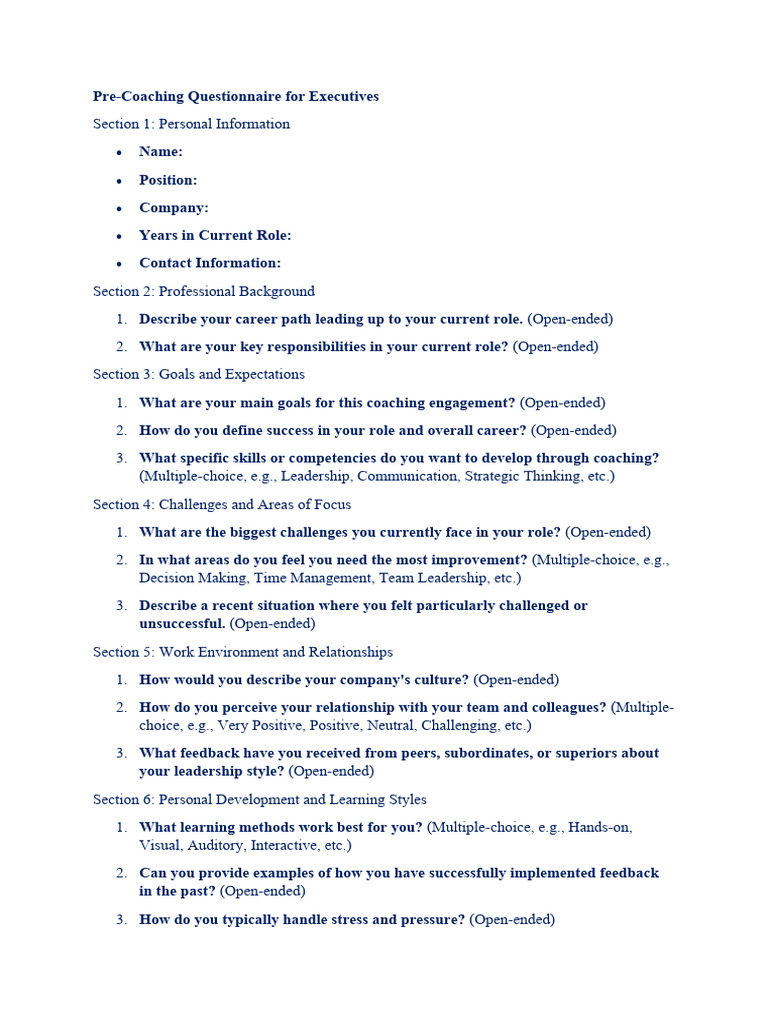 Executive Pre-Coaching Questionnaire | PDF | Leadership | Behavior ...
