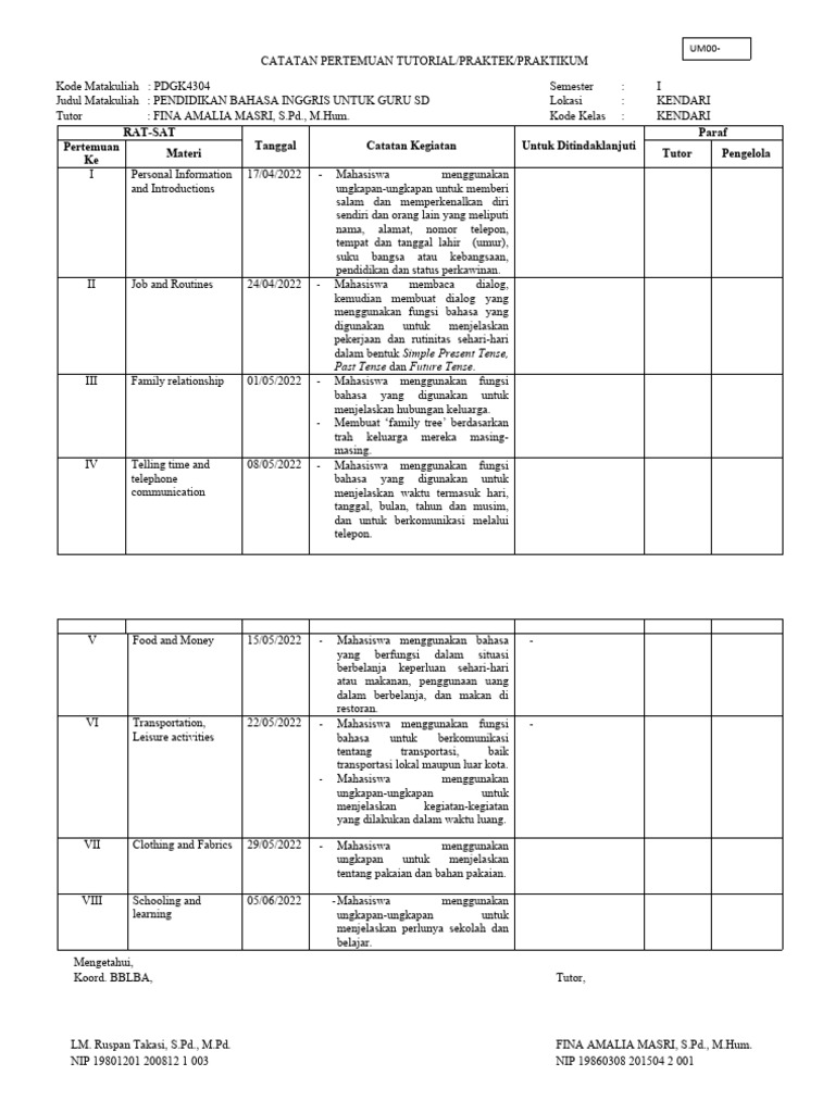 Catatan Pertemuan Tutorial Bahasa Inggris | PDF