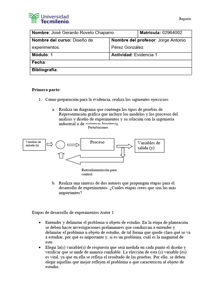 Evidencia 1 Diseño de Experimentos | PDF | Experimentar | Diseño de experimentos