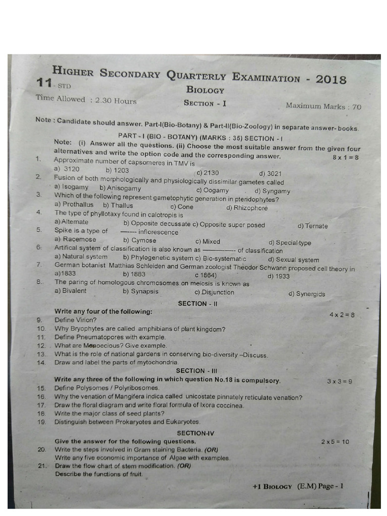 11th Quarterly Exam 2018 Question Paper - Biology (Eng Med) | PDF