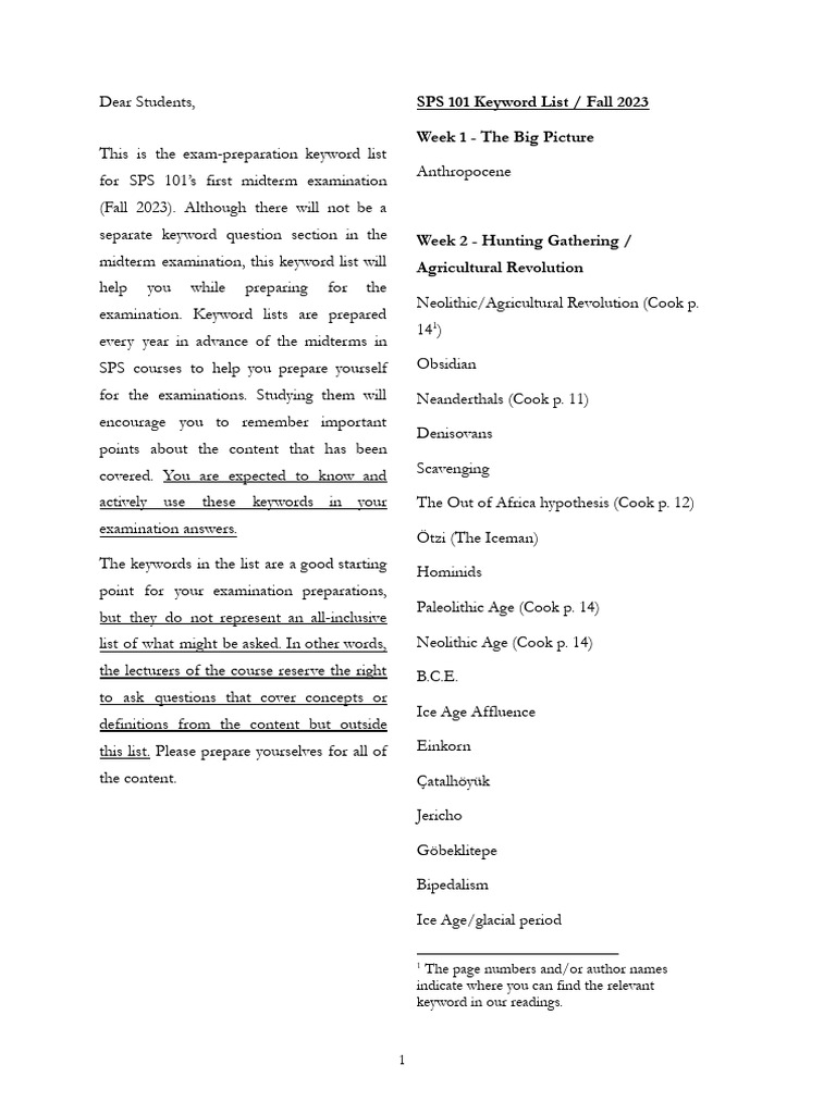 SPS 101 Keyword Study Sheet For Midterm Examination I - (Fall 2023 ...