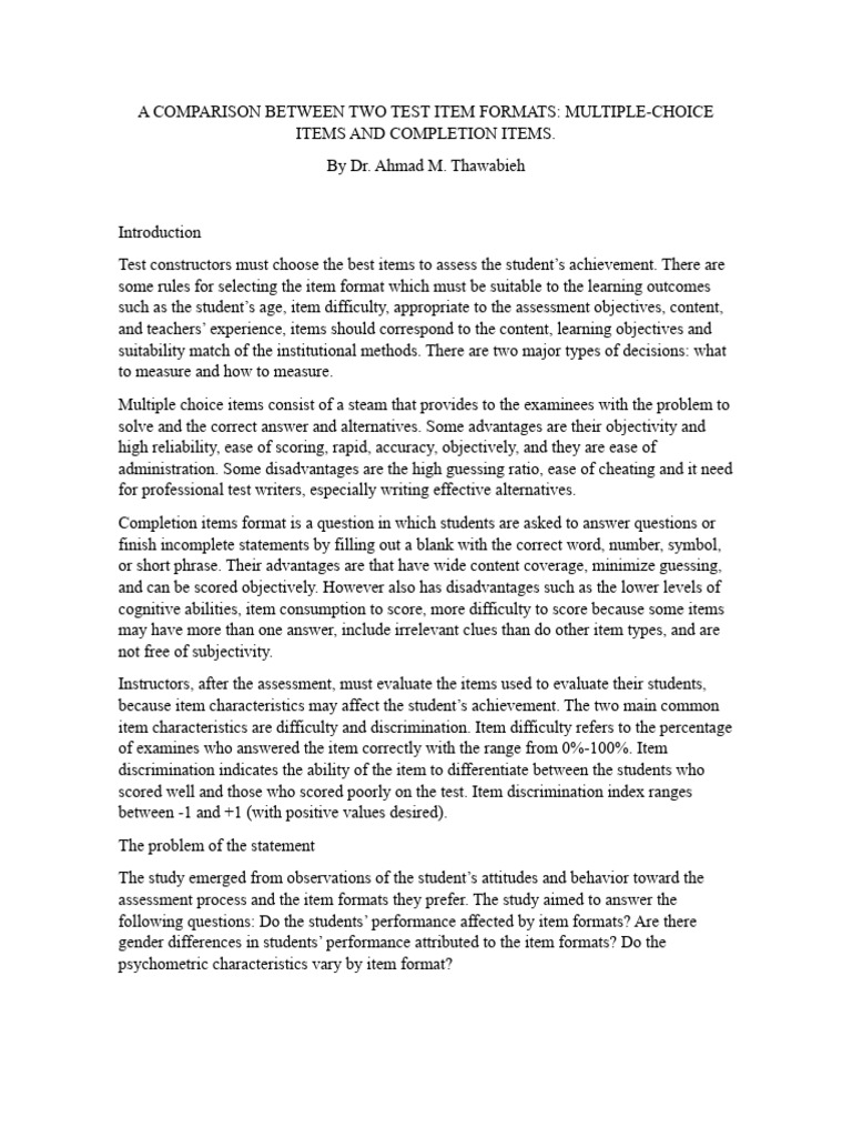 A Comparison Between Two Test Item Formats | PDF | Multiple Choice ...