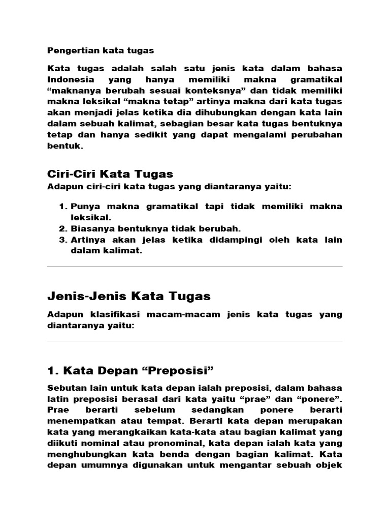 Pengertian dan Jenis Kata Tugas | PDF | Seni & Disiplin Bahasa | Kajian Bahasa Asing