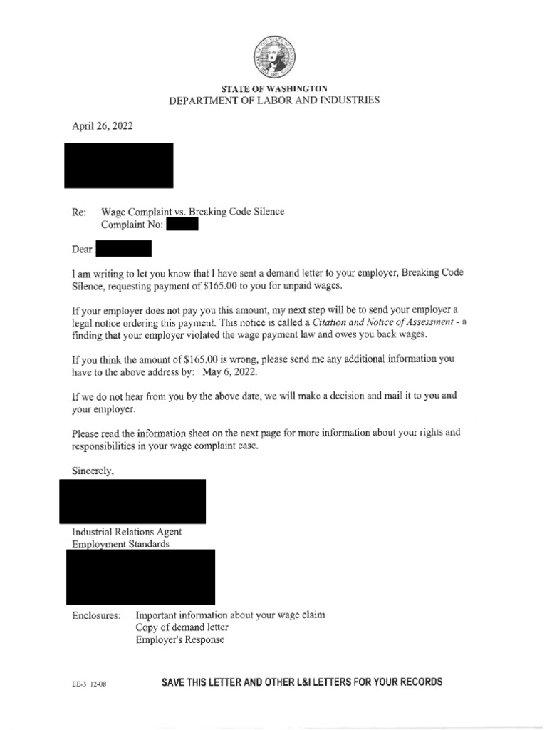 Letter To Me From L&I Re Final Demand Letter - Redacted | PDF