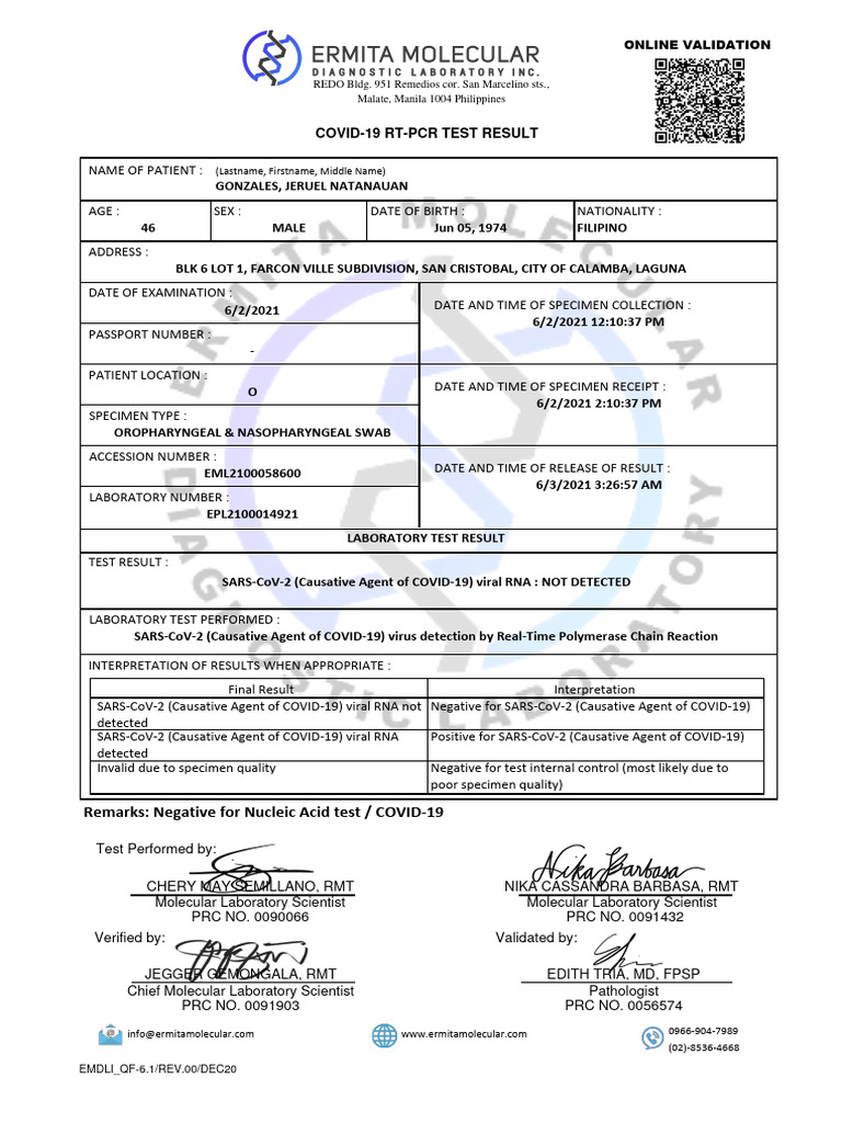 COVID-19 RT-PCR Test Result Certificate | PDF | Life Sciences ...