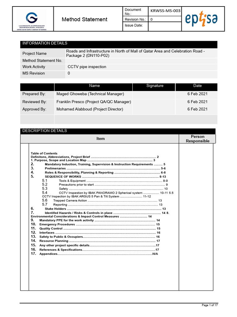 CCTV Inspection Method Statement | PDF | Personal Protective Equipment ...