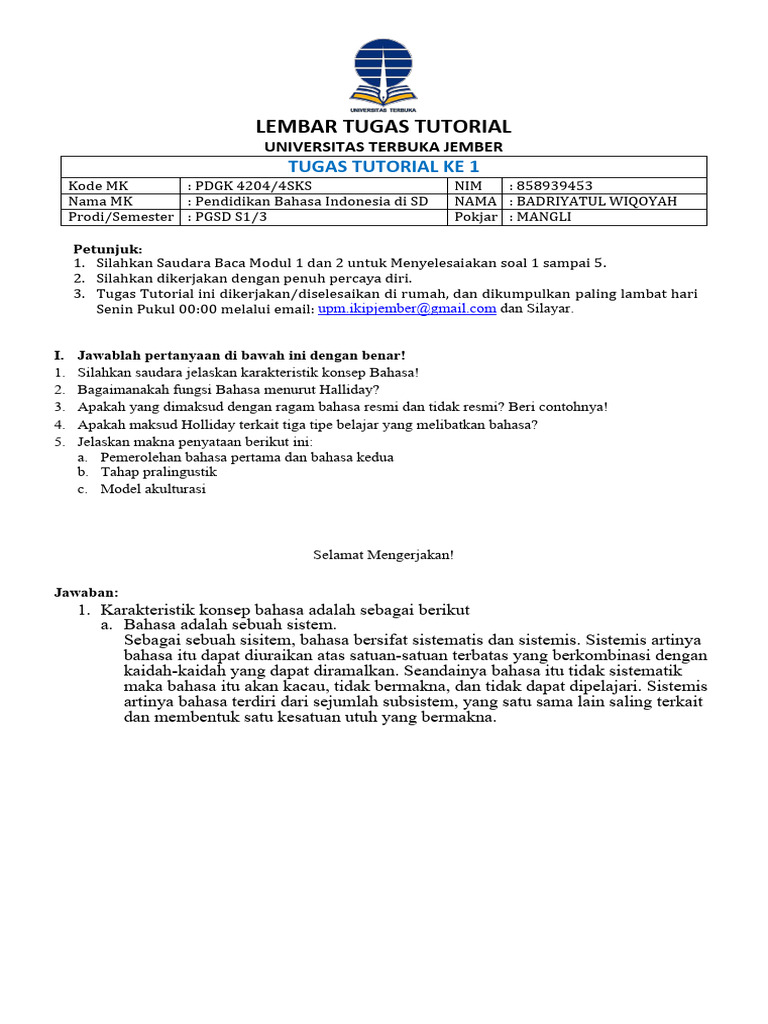 Soal TT1 PDGK4204 Pendidikan Bahasa Indonesia SD | PDF