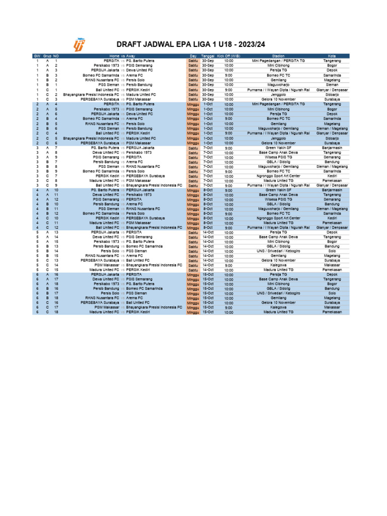 Draft Jadwal EPA U18 2023-2024 | PDF | Sports Clubs | Java
