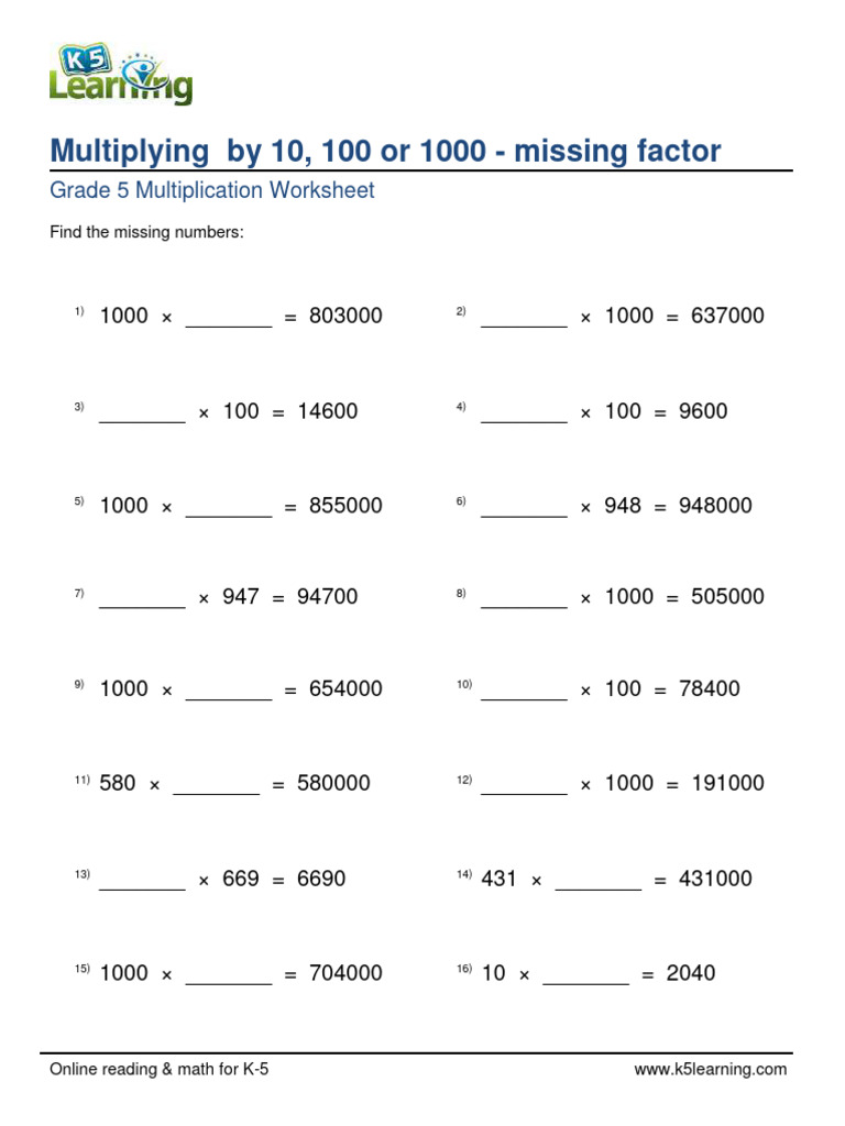 Grade 5 Multiply by 10 100 1000 F | PDF