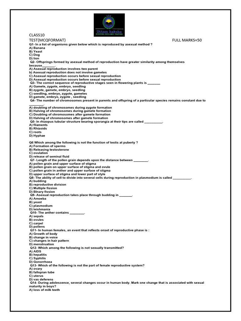 Class 10 Reproduction MCQ Test | PDF | Sexual Reproduction | Flowers