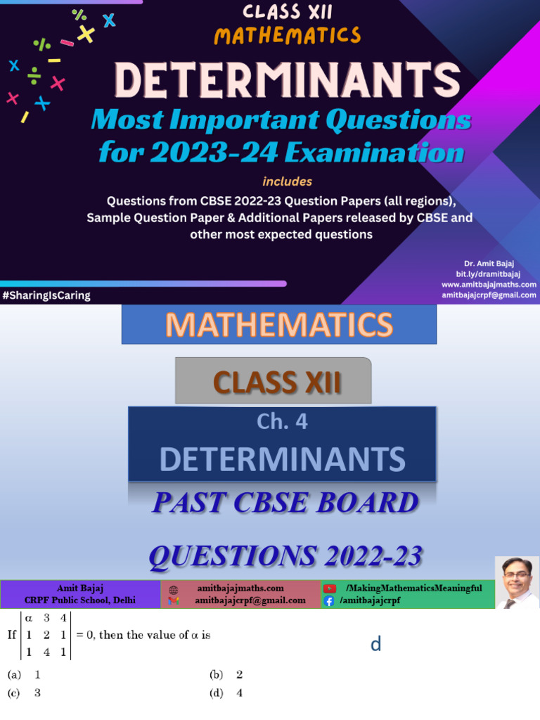 Class XII DETERMINANTS Most Important Questions For 2023-24 Examination ...