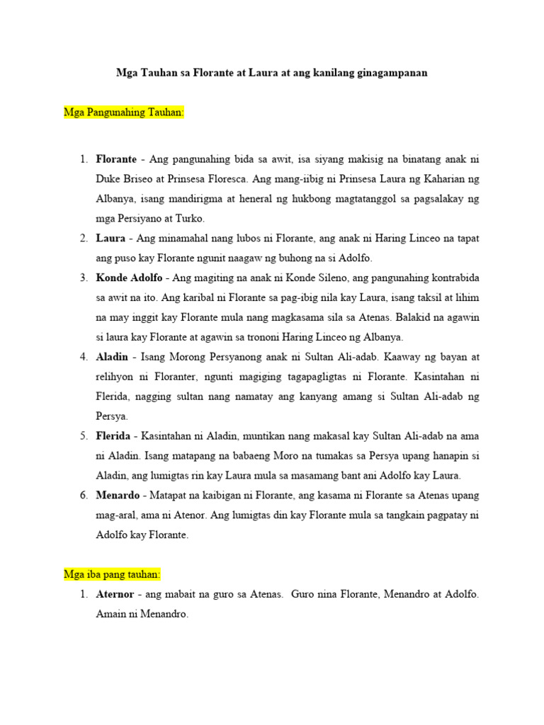 Mga Tauhan Sa Florante at Laura at Ang Kanilang Ginagampanan | PDF Mga Tauhan Sa Florante at Laura at Ang Kanilang Ginagampanan | PDF