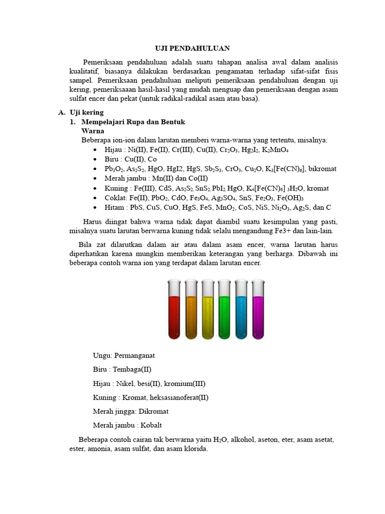 Uji Pendahuluan Kimia Analisis Kualitatif | PDF Uji Pendahuluan Kimia Analisis Kualitatif | PDF