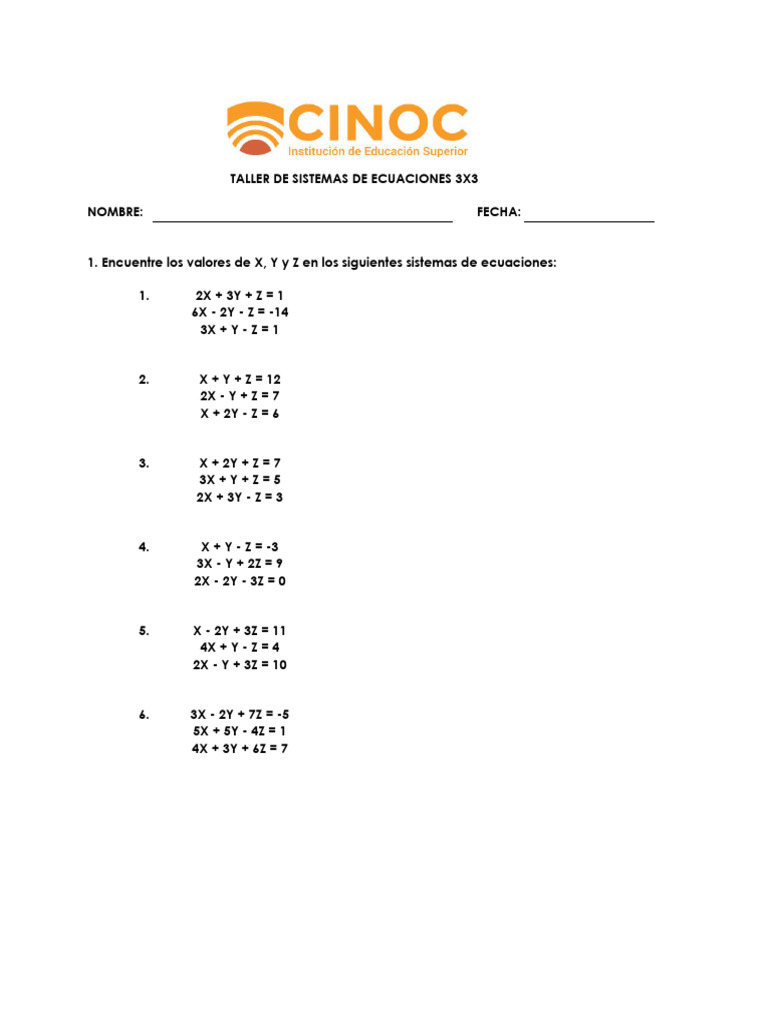 Taller Sistemas de Ecuaciones 3x3 | PDF Taller Sistemas de Ecuaciones 3x3 | PDF