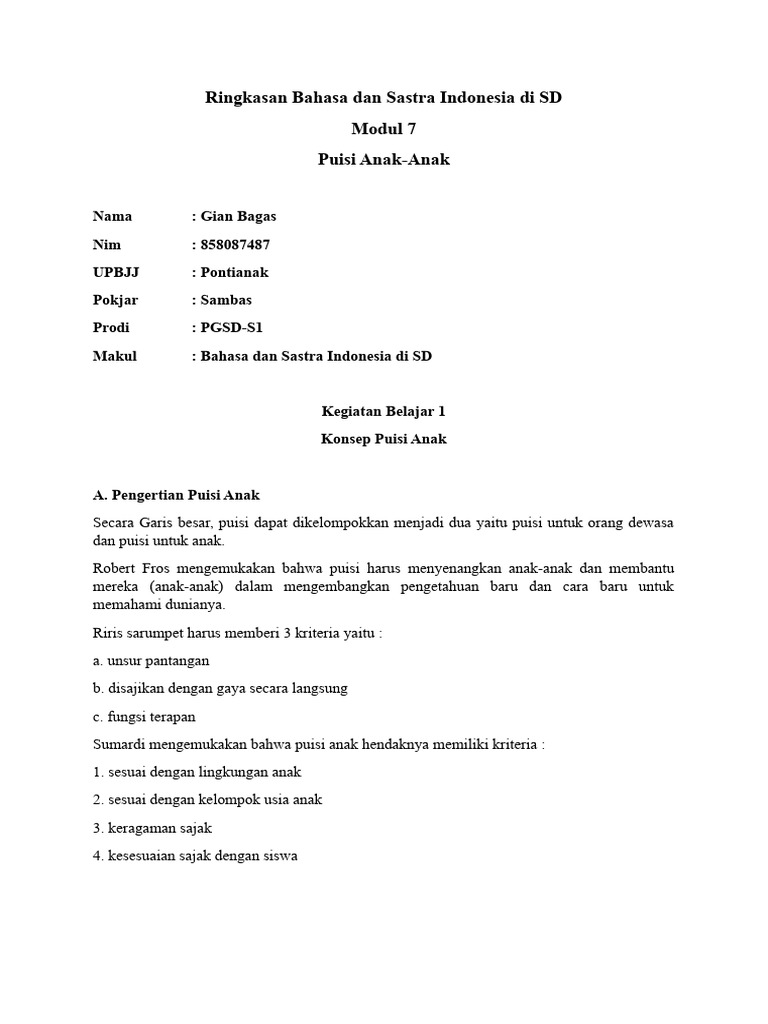 Ringkasan Bahasa Dan Sastra Indonesia Di SD Modul 7 | PDF