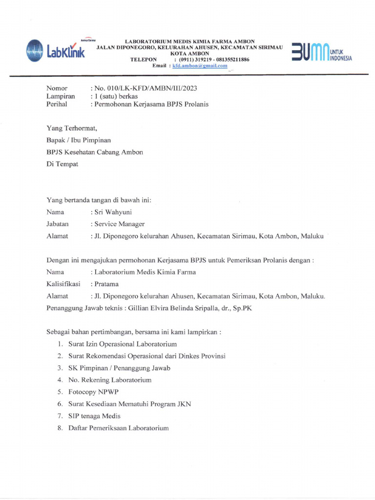 Permohonan Kerjasama BPJS Prolanis | PDF