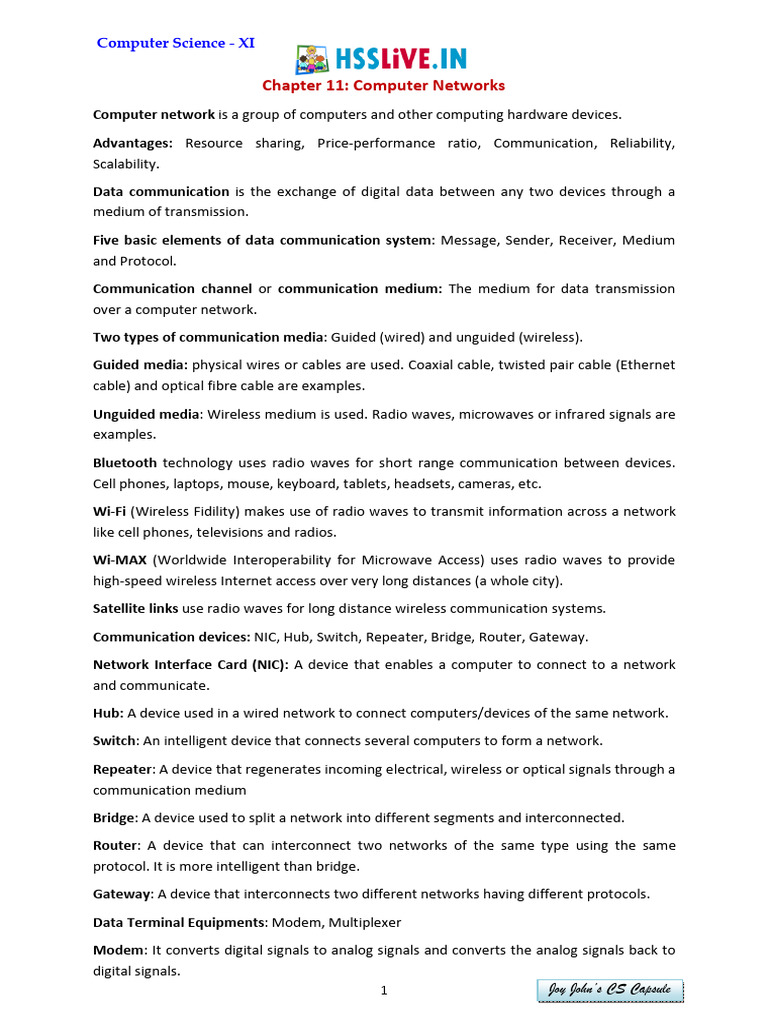 Hsslive-CS1 - Chap11 - Computer Networks | PDF | Computer Network | Transmission Medium