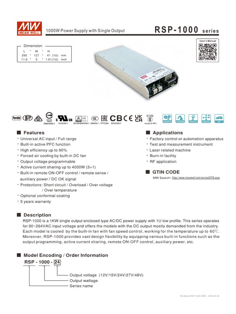 RSP 1000 Spec | PDF | Power Supply | Rectifier