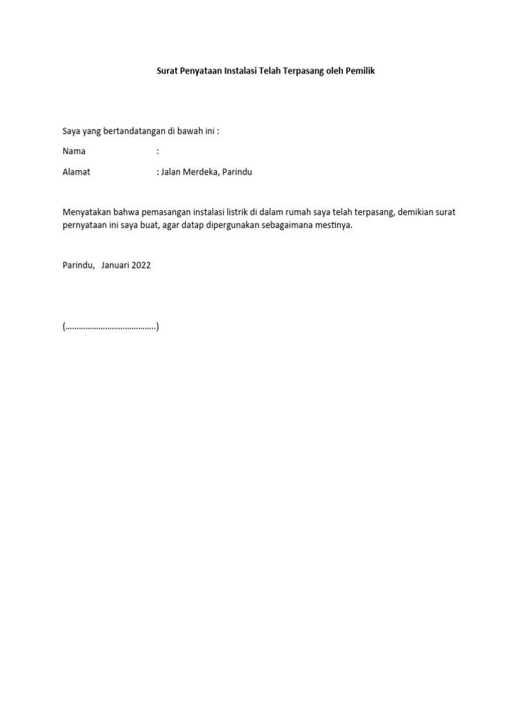 Surat Penyataan Instalasi Telah Terpasang Oleh Pemilik | PDF Surat Penyataan Instalasi Telah Terpasang Oleh Pemilik | PDF
