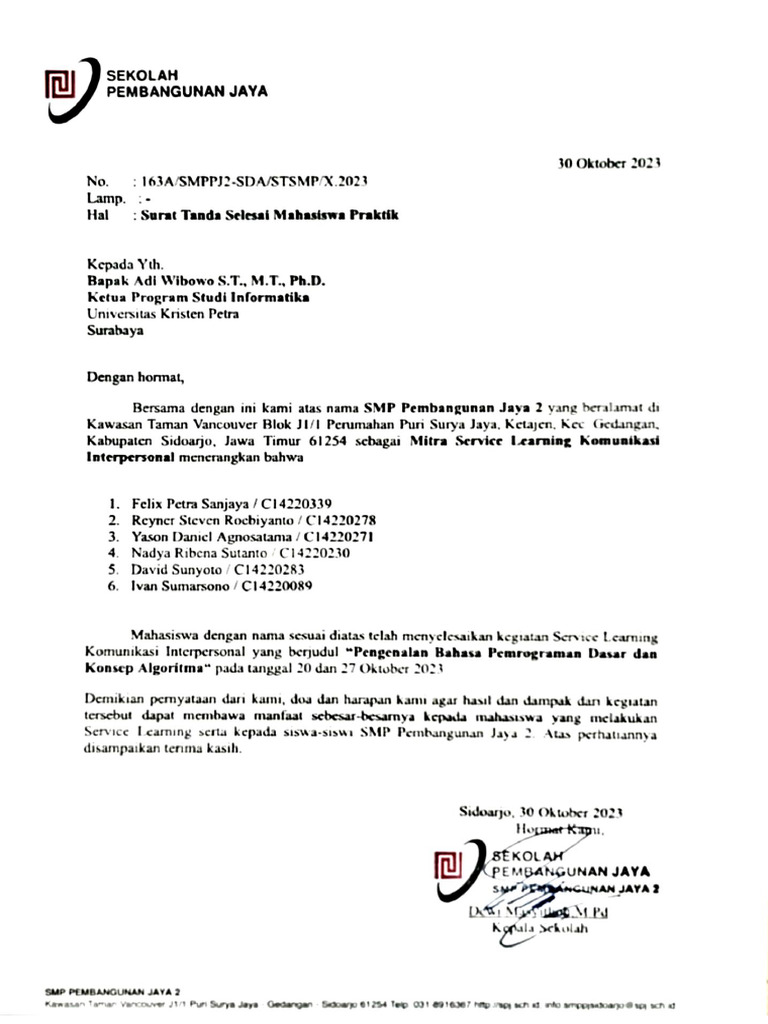 Surat Tanda Selesai Service Learning Kelompok 2 | PDF