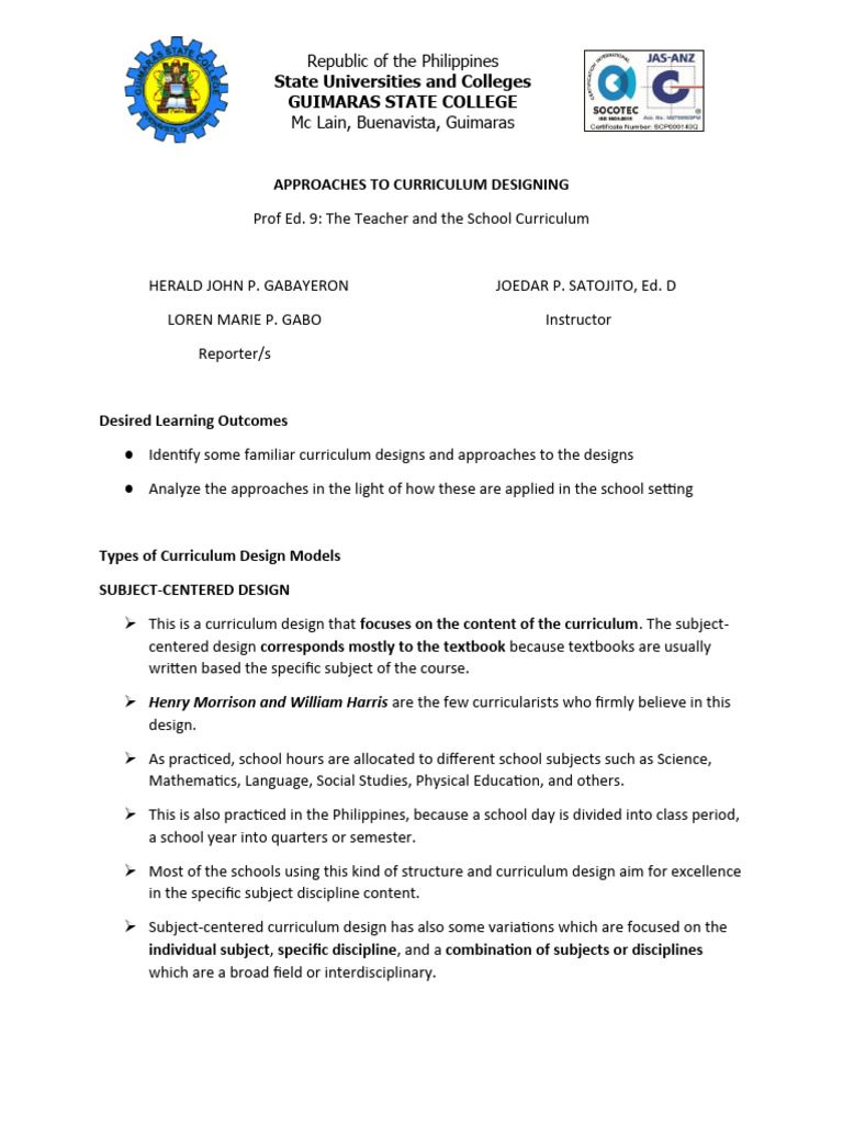 Module APPROACHES TO CURRICULUM DESIGNING | PDF | Curriculum | Learning