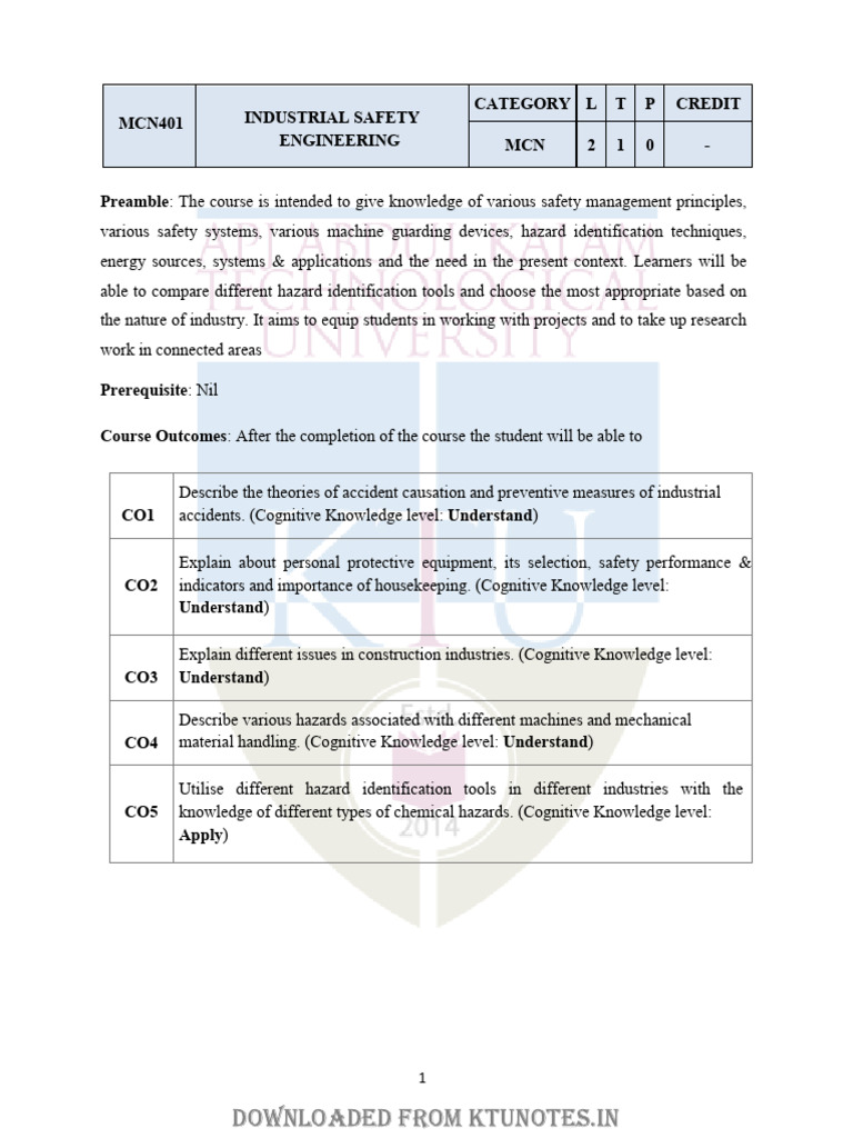 Industrial Safety Engineering Course Syllabus | PDF | Hazards | Safety